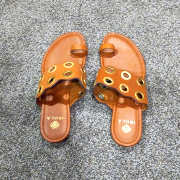 Isola | Shoes | Ladies Camel Colored Leather Sandals With Gold Accents ...